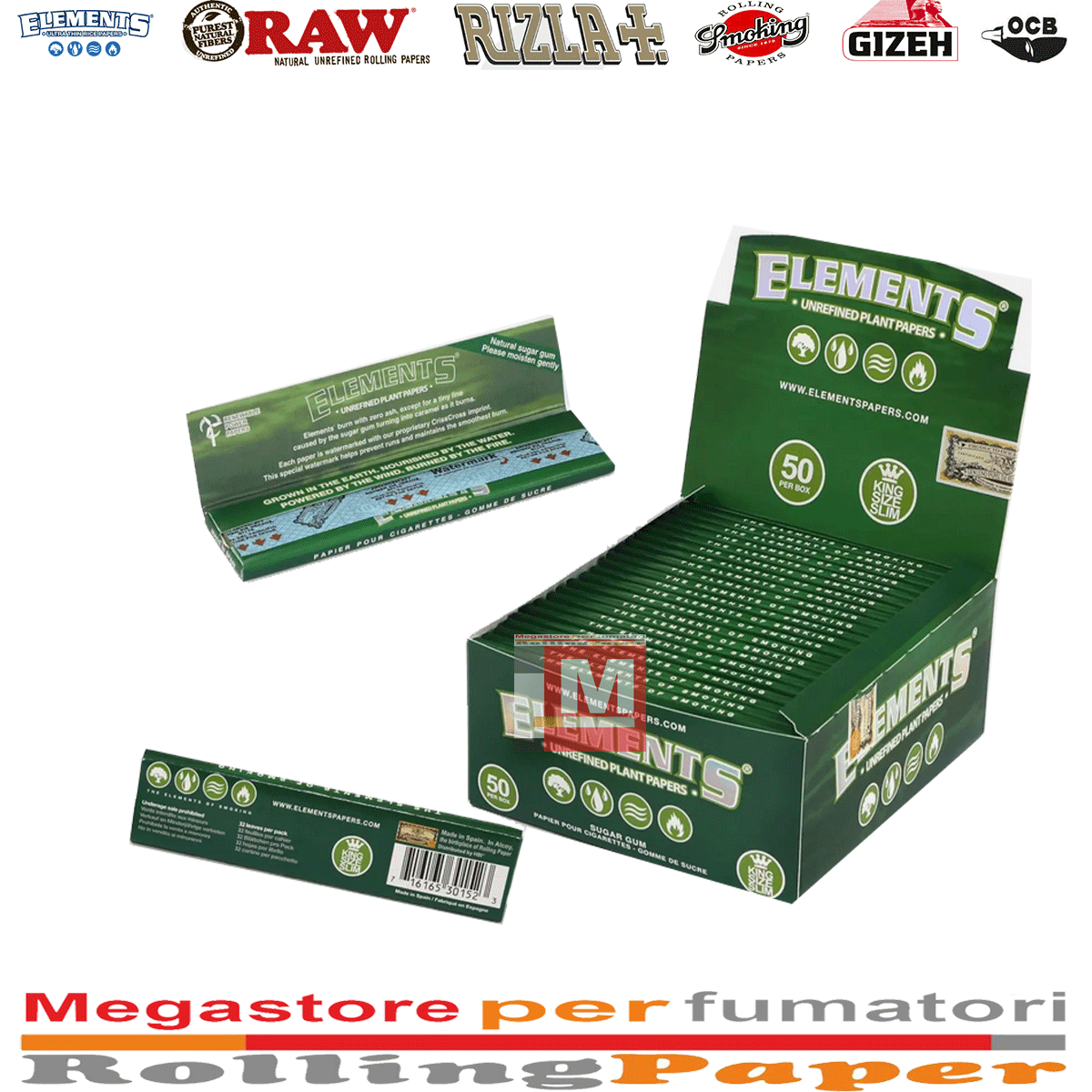 Cartine Elements Green King Size Slim – 50 Libretti